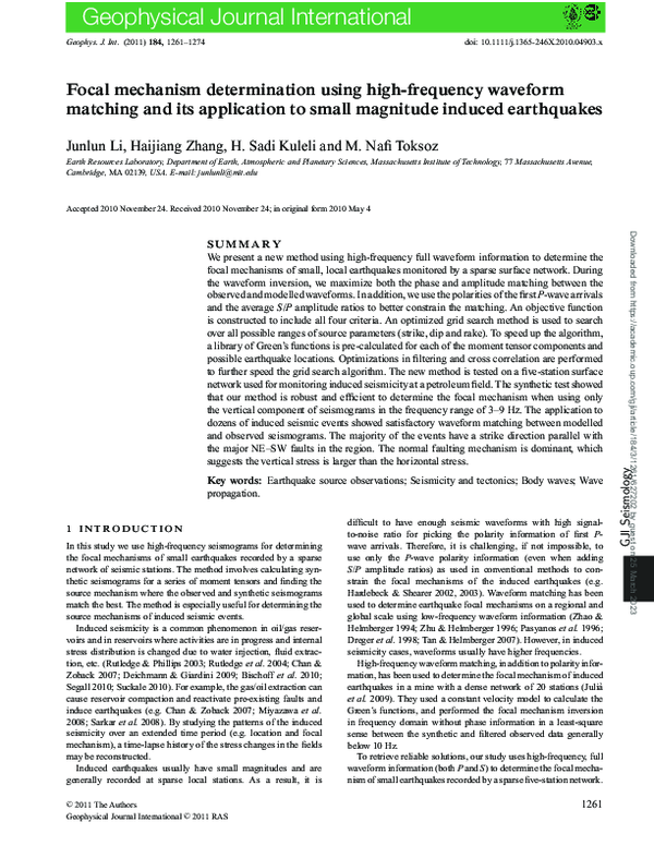 (PDF) Focal mechanism determination using high-frequency waveform matching and its application ...