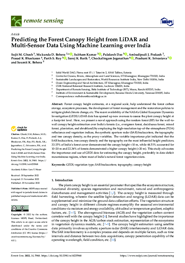 Pdf Predicting The Forest Canopy Height From Lidar And Multi Sensor Data Using Machine