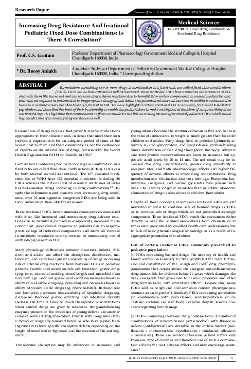 (PDF) Increasing Drug Resistance And Irrational Pediatric Fixed Dose Combinations: Is There A ...