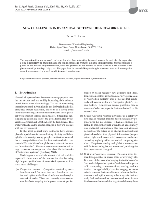 (PDF) New Challenges in Dynamical Systems: The Networked Case
