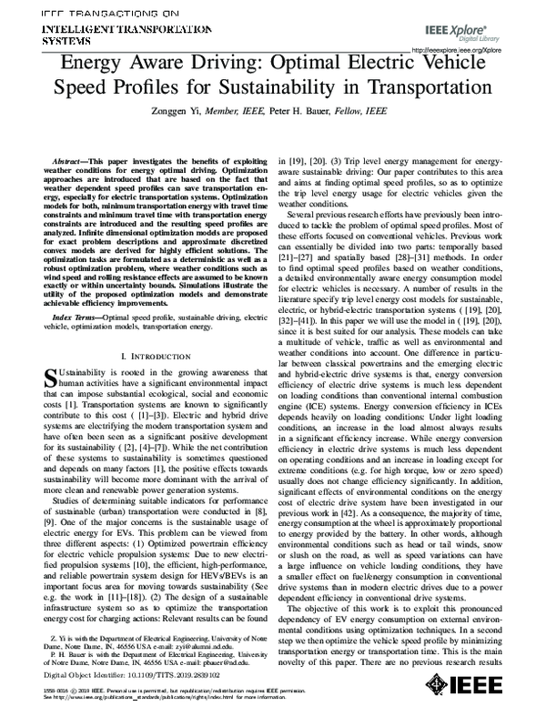 Pdf Energy Aware Driving Optimal Electric Vehicle Speed Profiles For Sustainability In