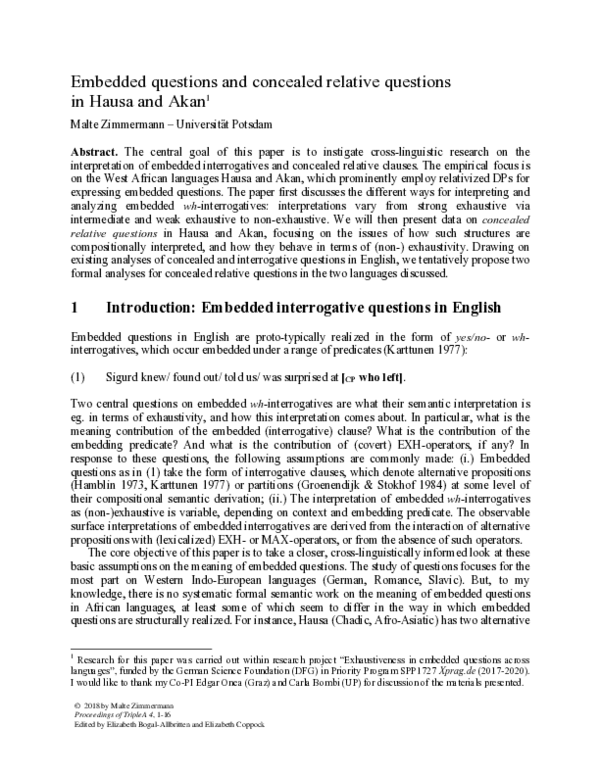 (PDF) Embedded Questions and Concealed Relative Questions in Hausa and Akan
