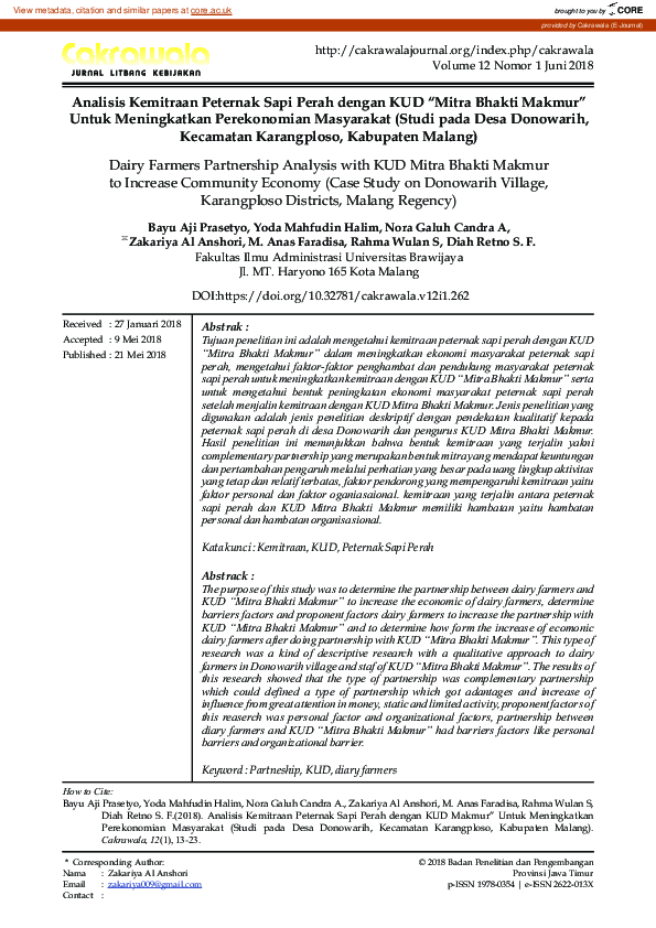 (PDF) Analisis Kemitraan Peternak Sapi Perah dengan Kud “Mitra Bhakti ...