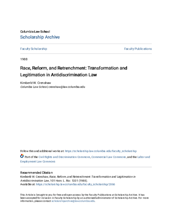 (PDF) Race, Reform, and Retrenchment: Transformation and Legitimation in Antidiscrimination Law