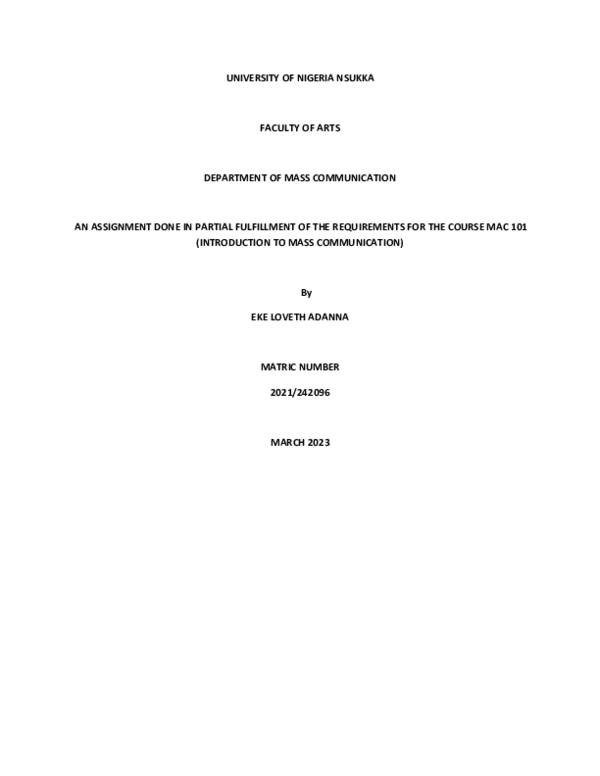 (DOC) UNIVERSITY OF NIGERIA NSUKKA FACULTY OF ARTS DEPARTMENT OF MASS ...