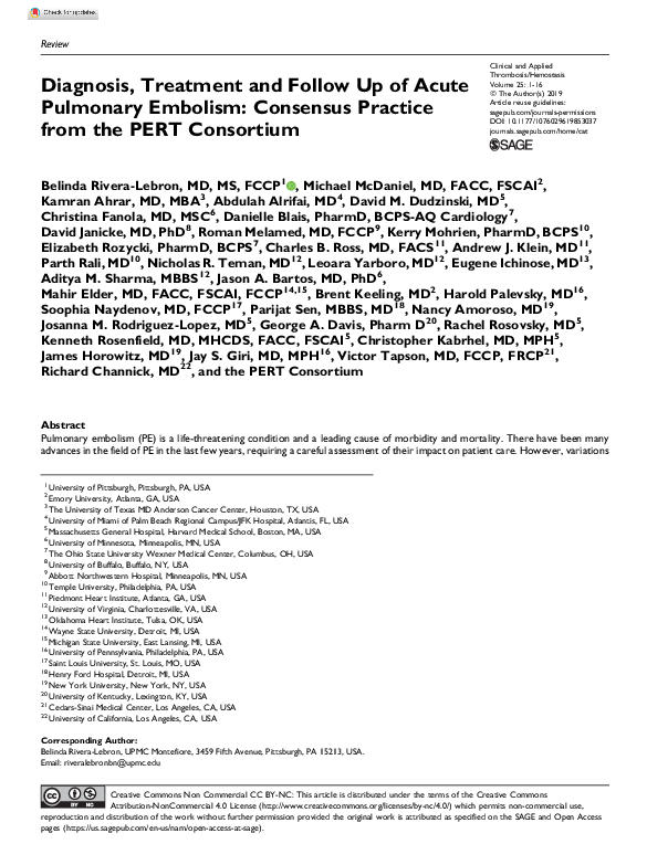 (PDF) Diagnosis, Treatment and Follow Up of Acute Pulmonary Embolism ...