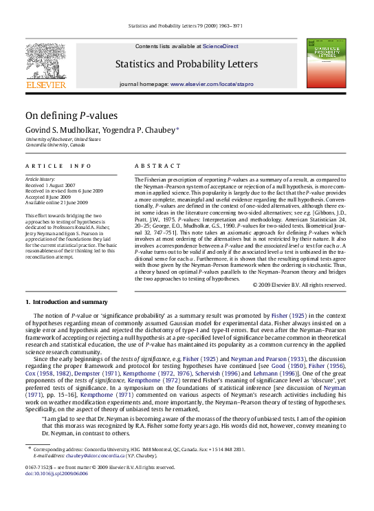 (PDF) On defining -values