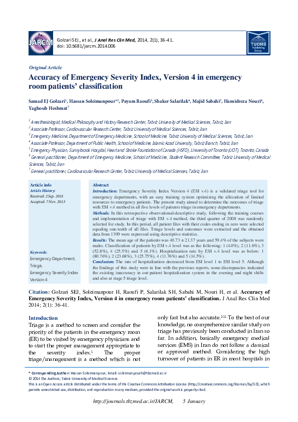 (PDF) Accuracy of Emergency Severity Index, Version 4 in emergency room ...