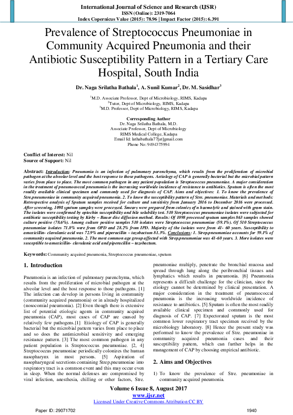 (PDF) Prevalence of Streptococcus Pneumoniae in Community Acquired Pneumonia and their ...