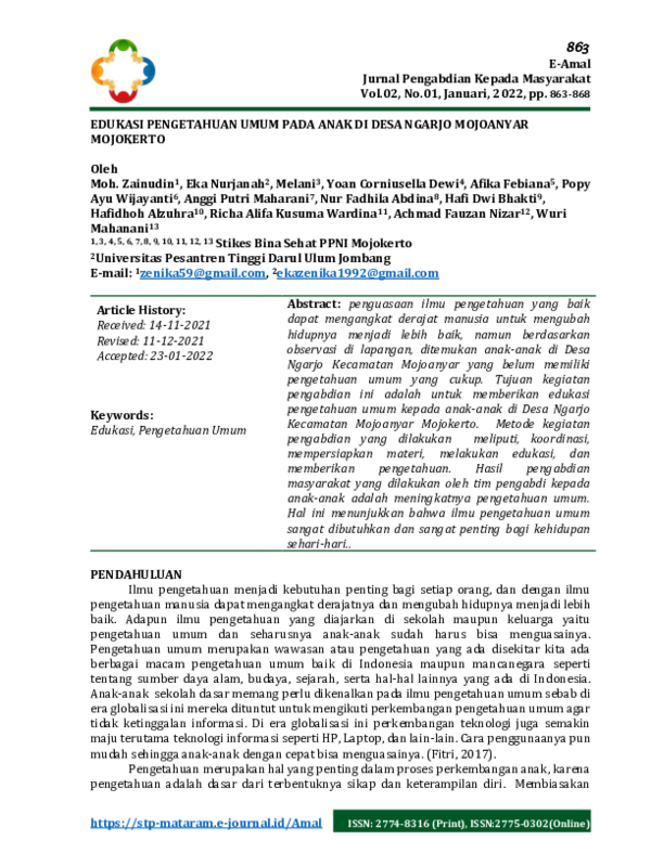 (PDF) Edukasi Pengetahuan Umum Pada Anak DI Desa Ngarjo Mojoanyar Mojokerto