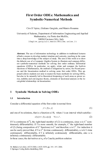 (PDF) First Order ODEs: Mathematica and Symbolic-Numerical Methods | Rosanna Manzo - Academia.edu