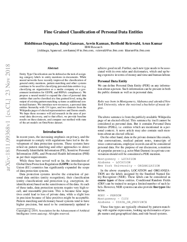 (PDF) Fine Grained Classification of Personal Data Entities