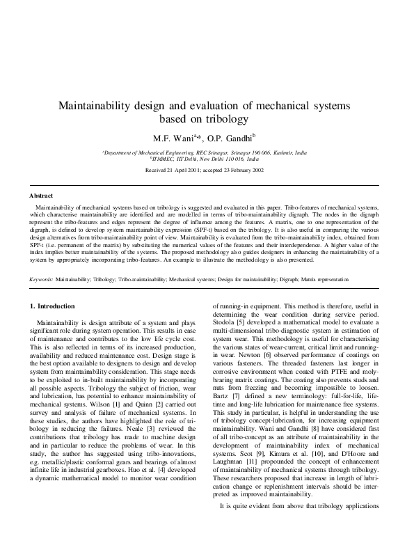 (PDF) Maintainability design and evaluation of mechanical systems based on tribology
