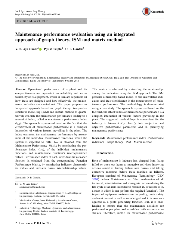(PDF) Maintenance performance evaluation using an integrated approach ...