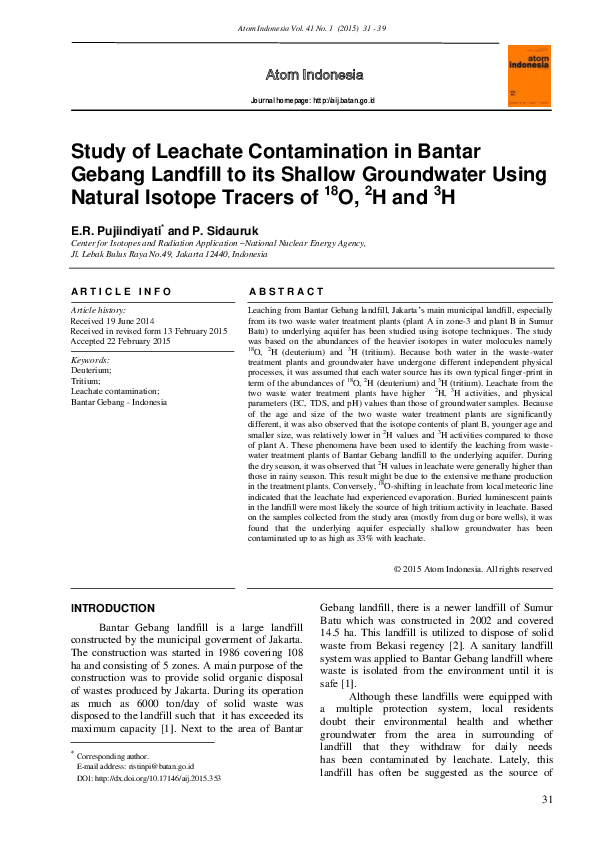Study of Leachate Contamination in Bantar Gebang Landfill to Its Shallow Groundwater using ...