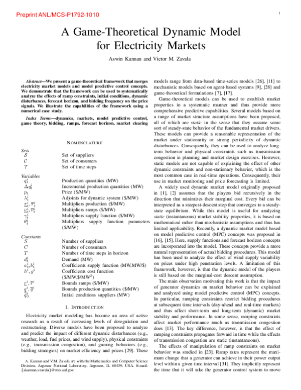 (PDF) A Game-Theoretical Dynamic Model for Electricity Markets