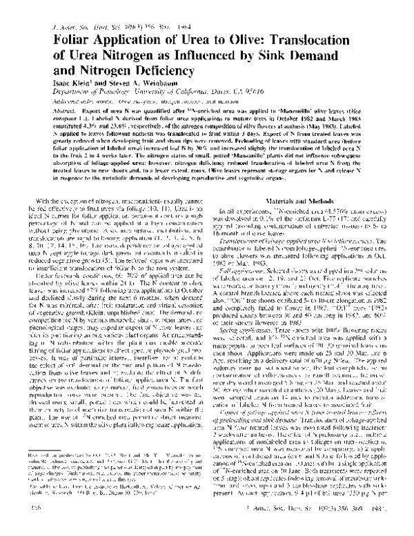 (PDF) Foliar Application of Urea to Olive: Translocation of Urea ...