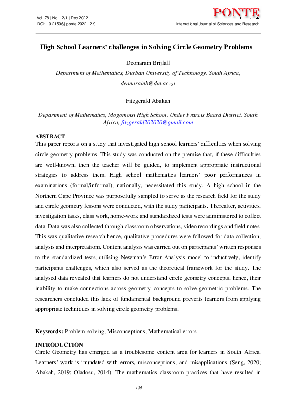 (PDF) High School Learnersâ€™ Challenges in Solving Circle Geometry Problems