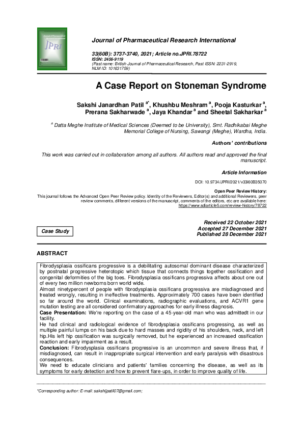 (PDF) A Case Report on Stoneman Syndrome