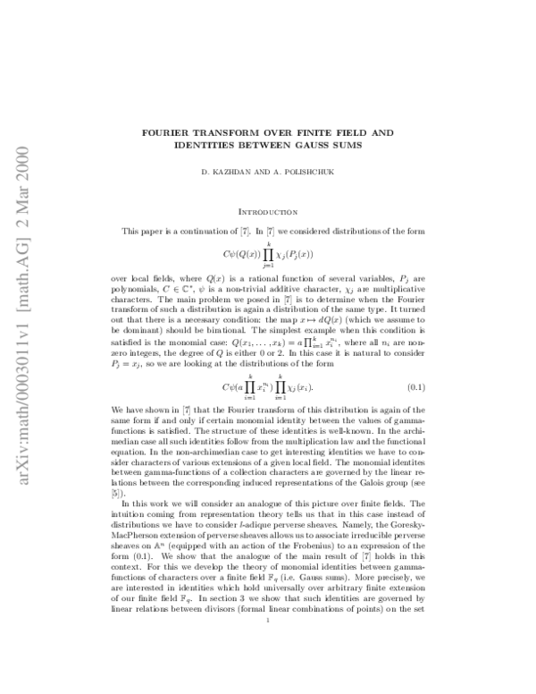(PDF) Fourier transform over finite field and identities between Gauss sums