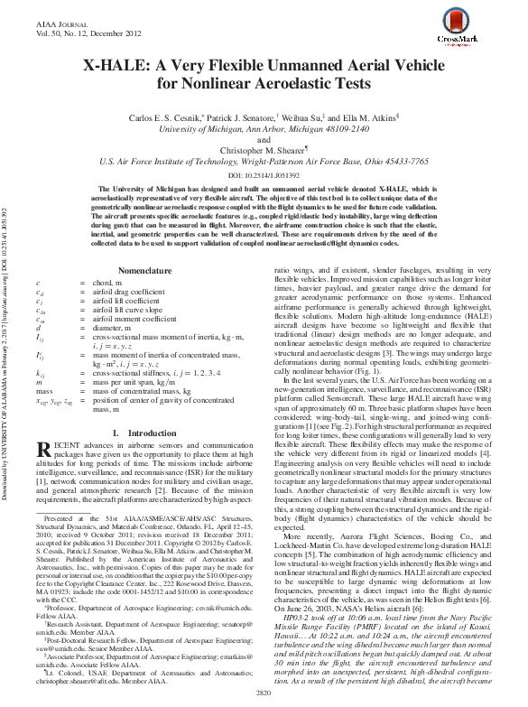Pdf X Hale A Very Flexible Unmanned Aerial Vehicle For Nonlinear Aeroelastic Tests