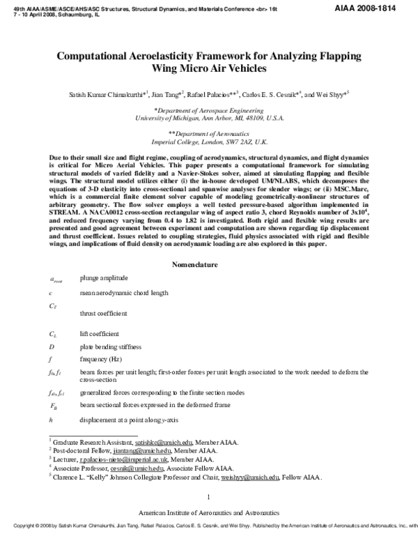 Pdf Computational Aeroelasticity Framework For Analyzing Flapping
