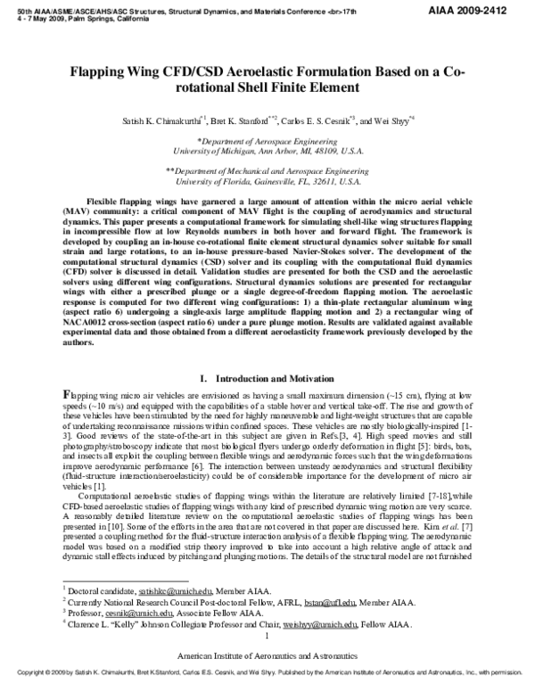Pdf Flapping Wing Cfdcsd Aeroelastic Formulation Based On A Co Rotational Shell Finite Element