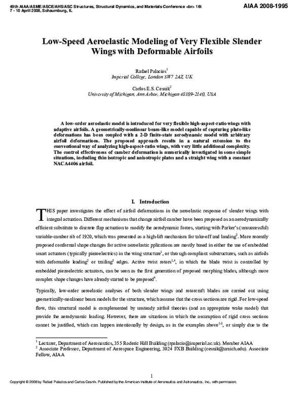 (PDF) Low-Speed Aeroelastic Modeling of Very Flexible Slender Wings with Deformable Airfoils