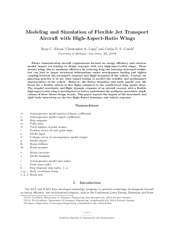 Pdf Modeling And Simulation Of Flexible Jet Transport Aircraft With High Aspect Ratio Wings