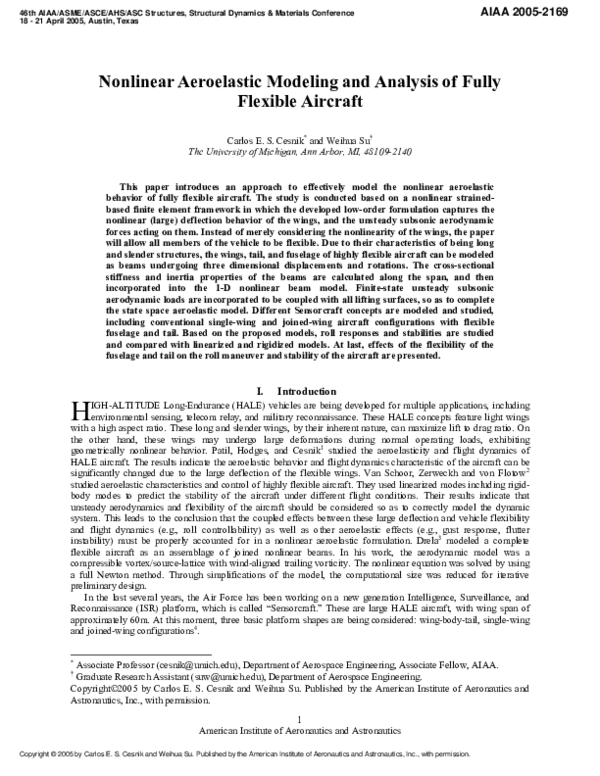 Pdf Nonlinear Aeroelastic Modeling And Analysis Of Fully Flexible Aircraft