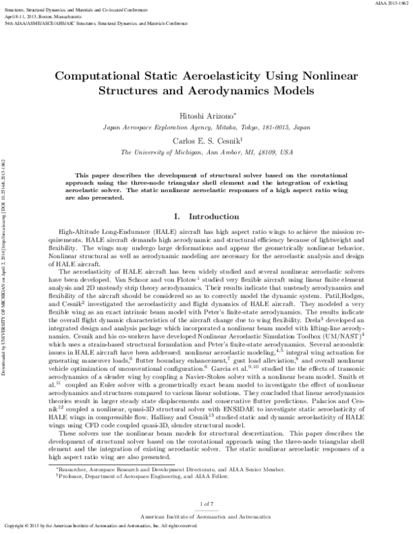 Pdf Computational Static Aeroelasticity Using Nonlinear Structures