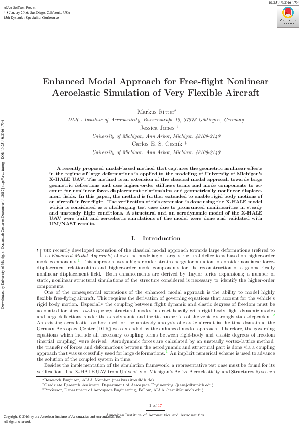 Pdf Enhanced Modal Approach For Free Flight Nonlinear Aeroelastic Simulation Of Very Flexible