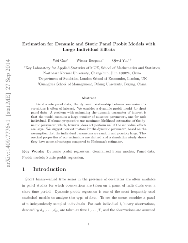 (PDF) Dynamic Probit Models with Random Large Individual Effects