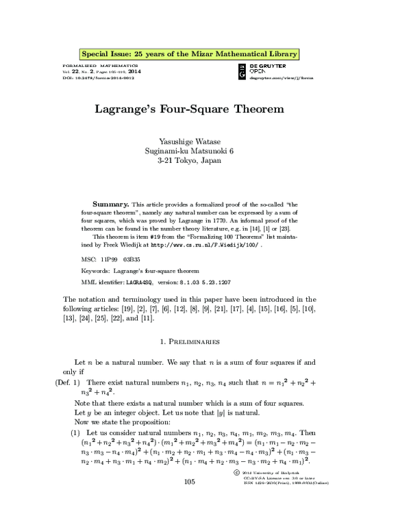 (PDF) Lagrange’s Four-Square Theorem | 泰成 渡瀬 - Academia.edu