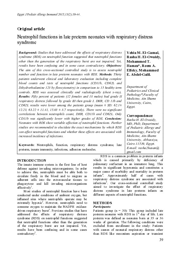 (PDF) Neutrophil functions in late preterm neonates with respiratory ...