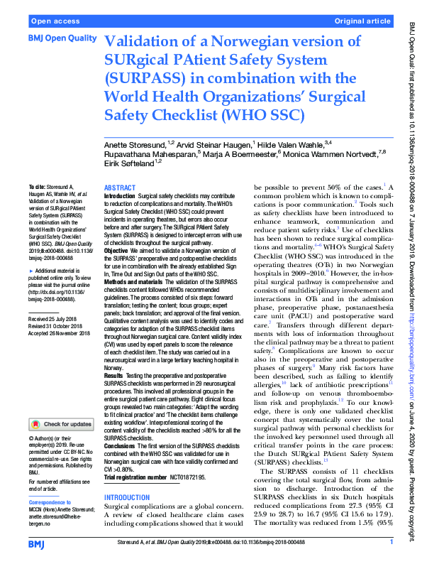 (PDF) Validation of a Norwegian version of SURgical PAtient Safety ...