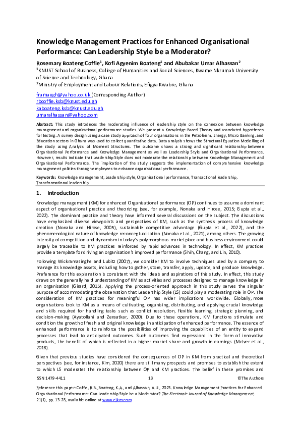 (PDF) Knowledge Management Practices for Enhanced Organisational Performance: Can Leadership ...