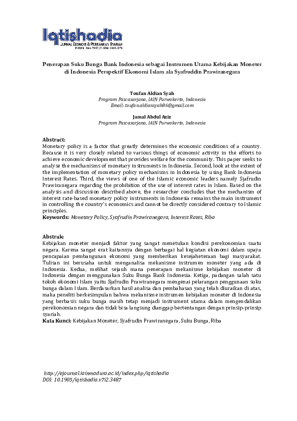 (PDF) Penerapan Suku Bunga Bank Indonesia sebagai Instrumen Utama Kebijakan Moneter di Indonesia ...