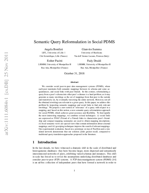 (PDF) Semantic Query Reformulation in Social PDMS