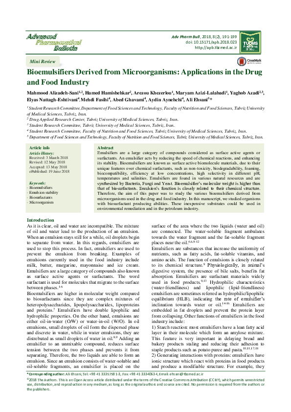 (PDF) Bioemulsifiers Derived from Microorganisms: Applications in the ...