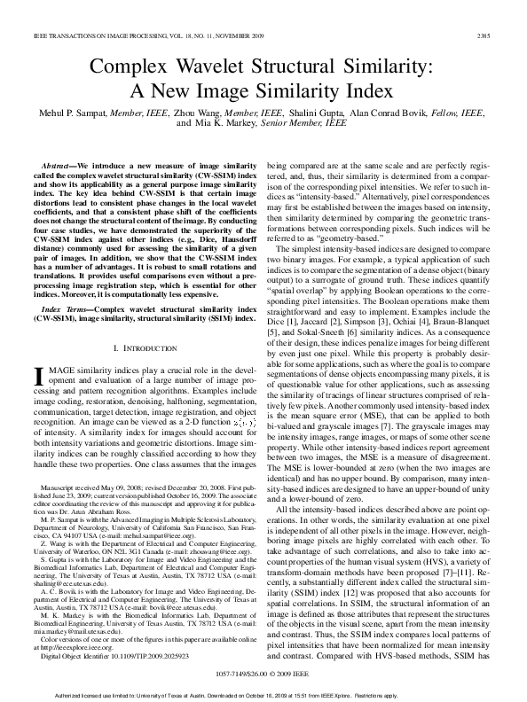 (PDF) Complex Wavelet Structural Similarity: A New Image Similarity Index