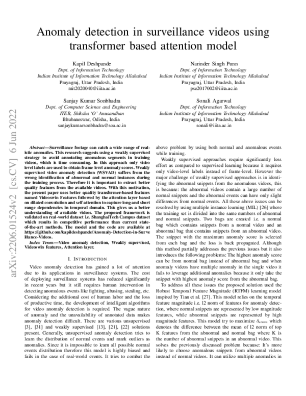 Pdf Anomaly Detection In Surveillance Videos Using Transformer Based Attention Model
