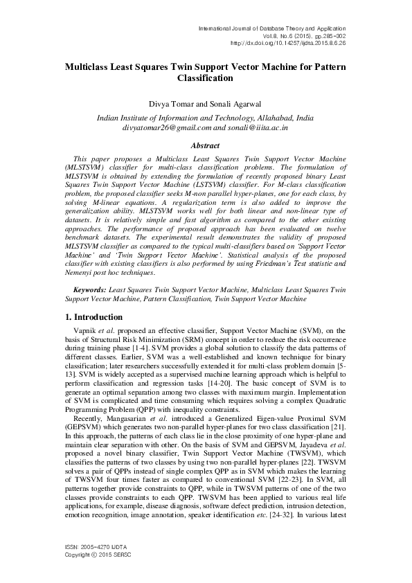 Pdf Multiclass Least Squares Twin Support Vector Machine For Pattern Classification
