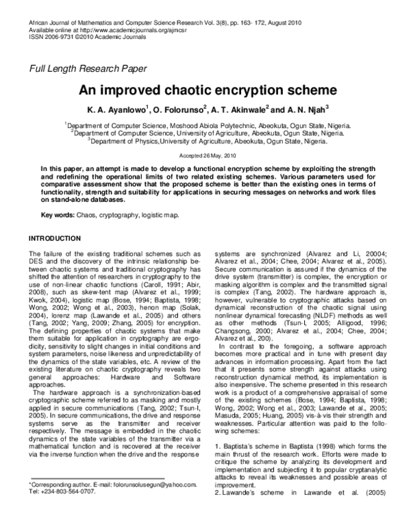 (PDF) An improved chaotic encryption scheme