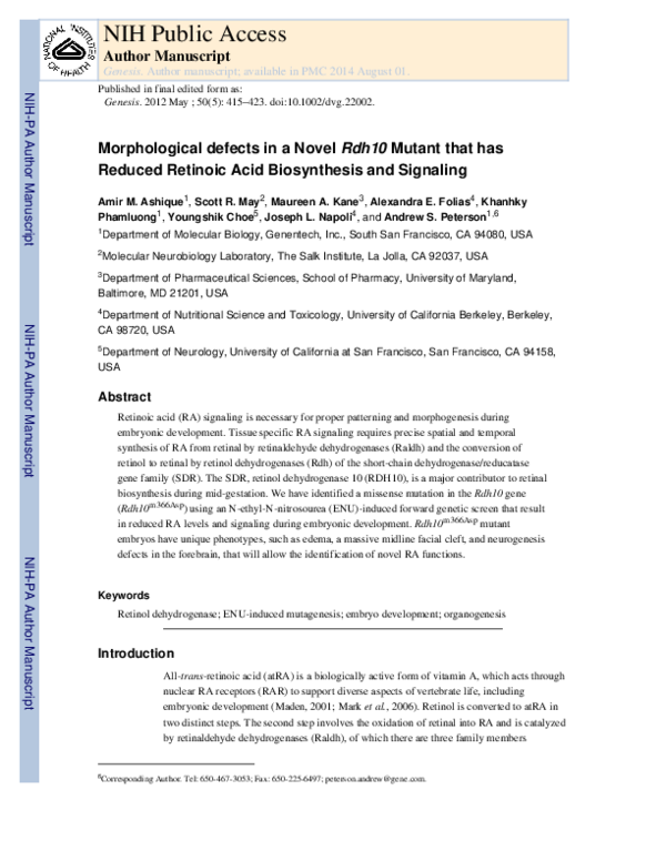 (PDF) Morphological defects in a novel Rdh10 mutant that has reduced ...
