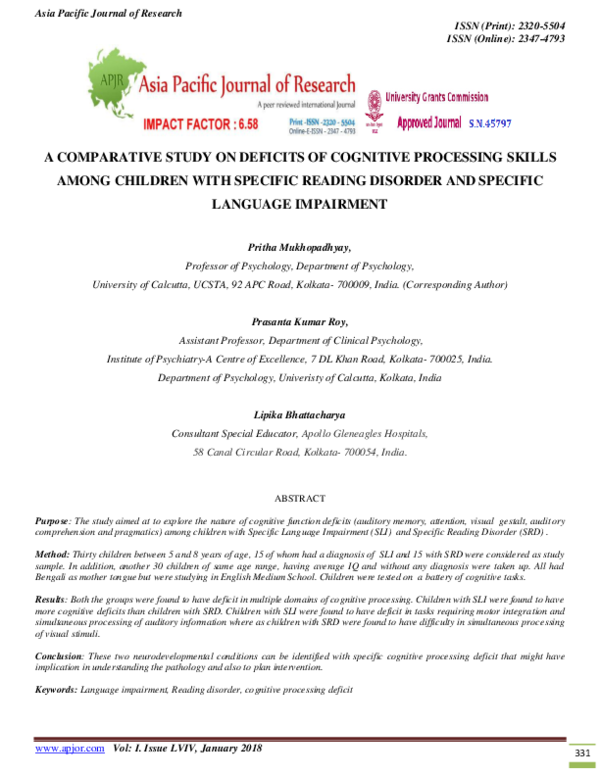 (PDF) A Comparative Study on Deficits of Cognitive Processing Skills Among Children with ...
