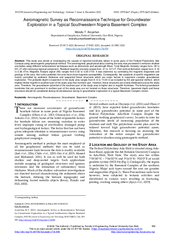 (PDF) Aeromagnetic Survey as Reconnaissance Technique for Groundwater Exploration in a Typical ...