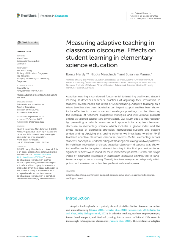 (PDF) Measuring adaptive teaching in classroom discourse: Effects on ...