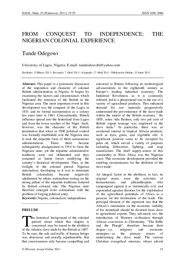 (PDF) From conquest to independence: the nigerian colonial experience