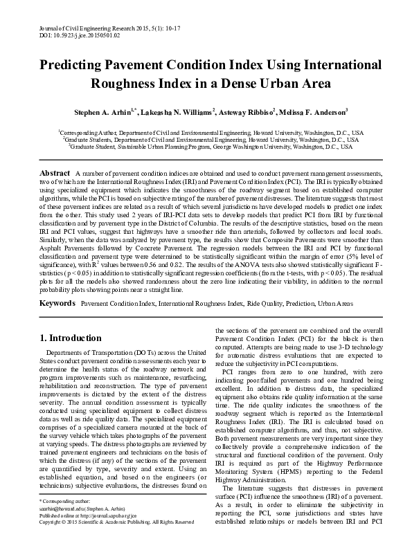 (PDF) Predicting Pavement Condition Index Using International Roughness Index in a Dense Urban Area